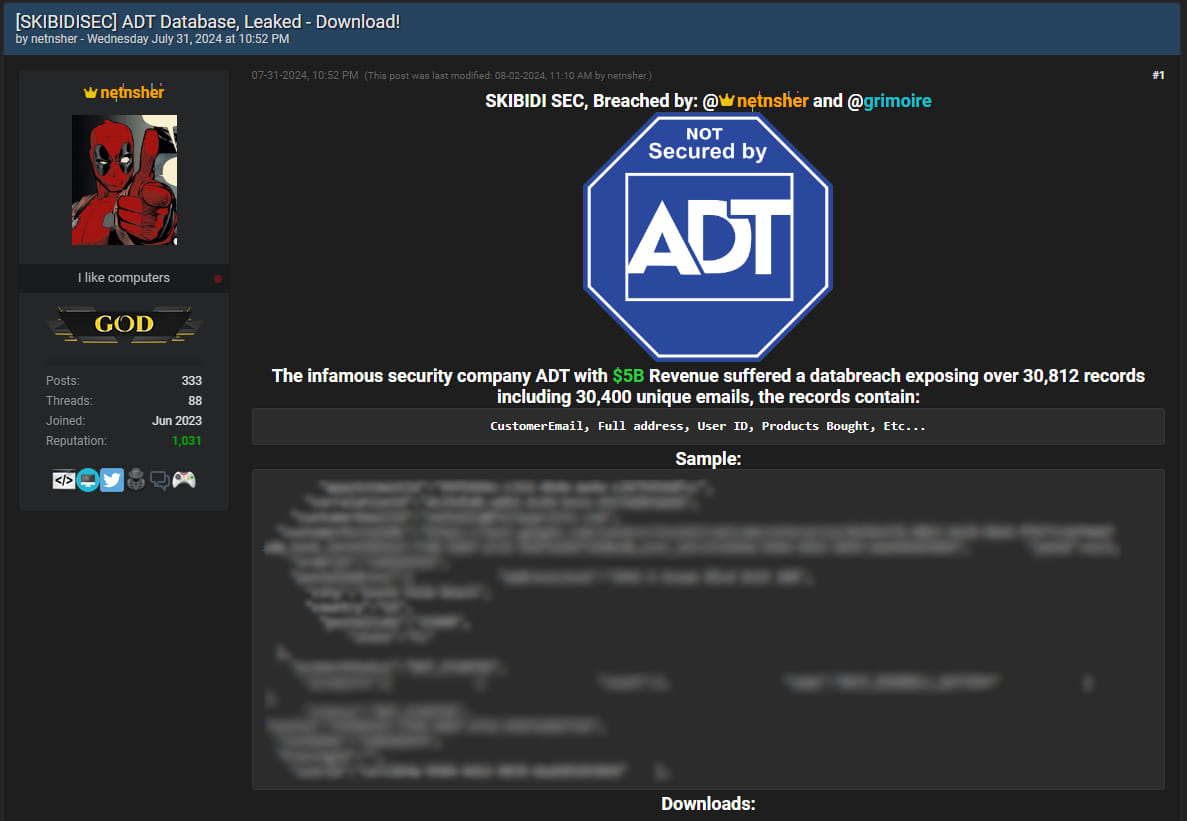 ADT、ハッキング・フォーラムに流出した顧客情報のデータ漏洩を確認 - PRSOL:CC